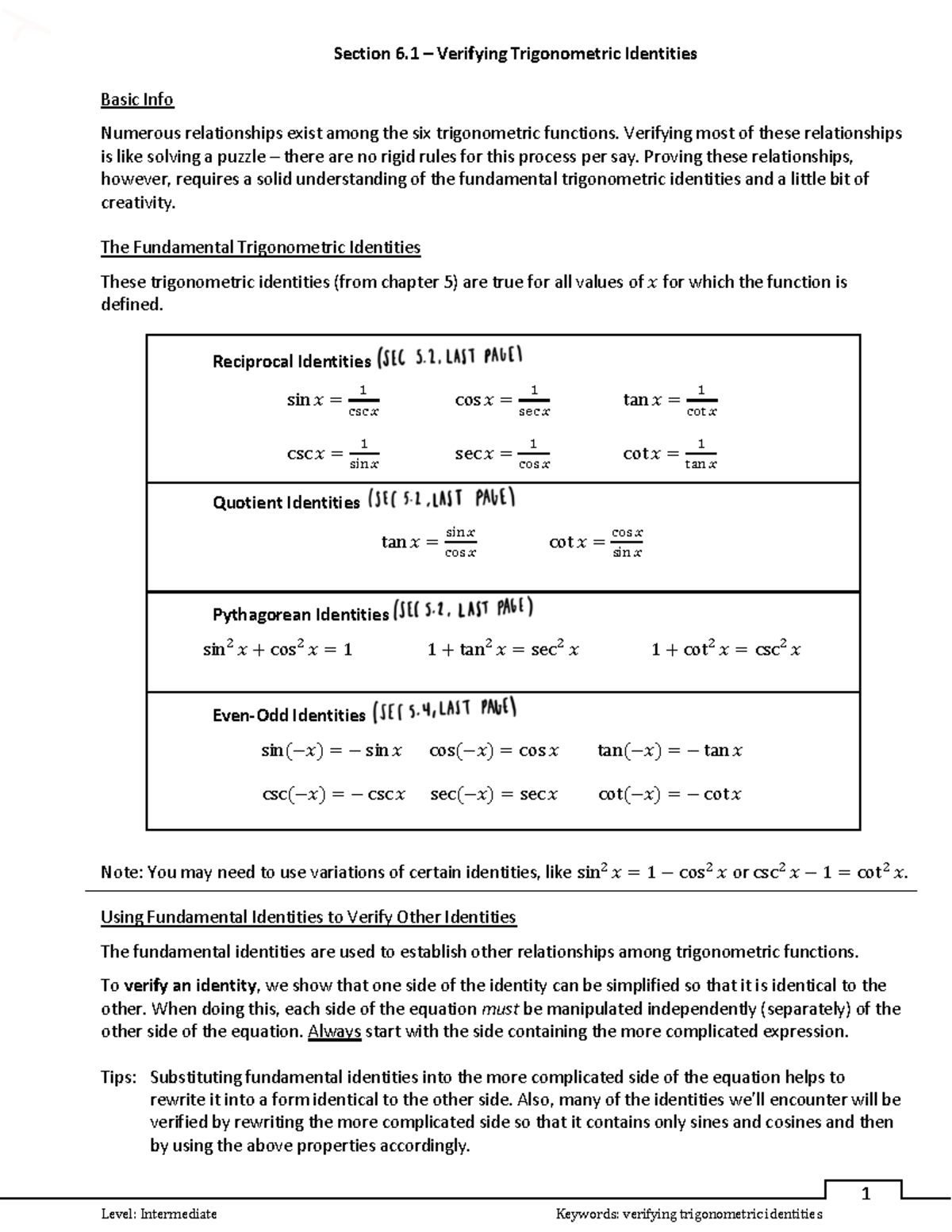 6.1 - Verifying Trigonometric Identities - 1 Basic Info Numerous ...