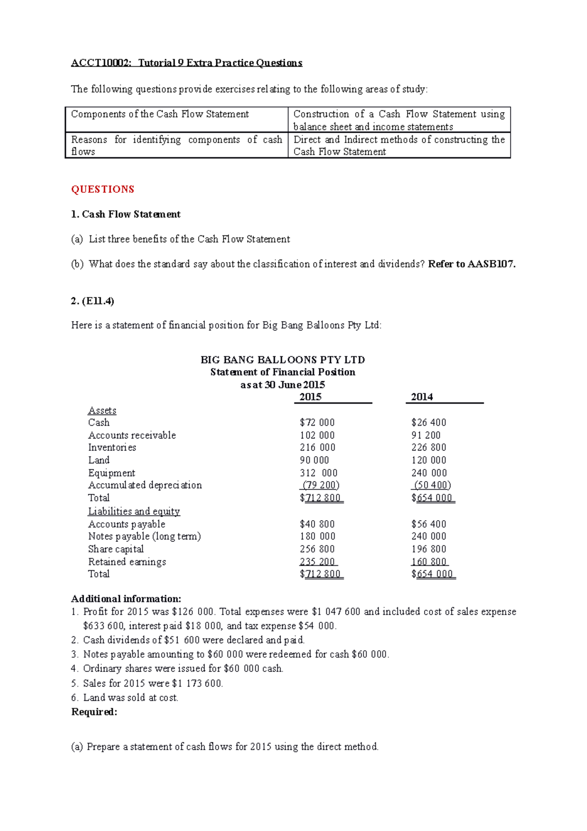 ACCT10002 Tutorial 9 Extra Practice Questions and Solutions - ACCT10002: Tutorial 9 Extra ...