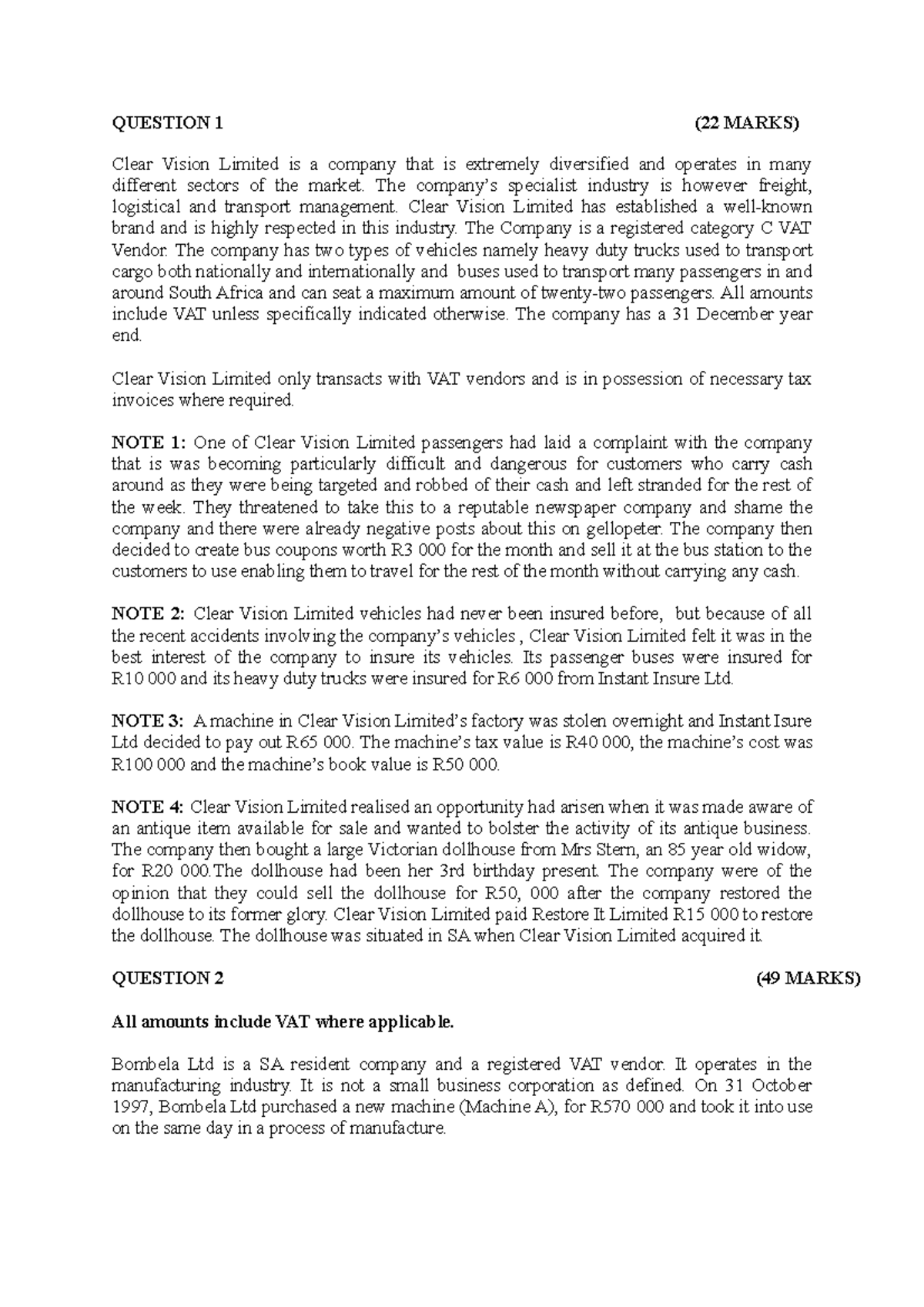 Test 2 Practice Question - QUESTION 1 (22 MARKS) Clear Vision Limited ...