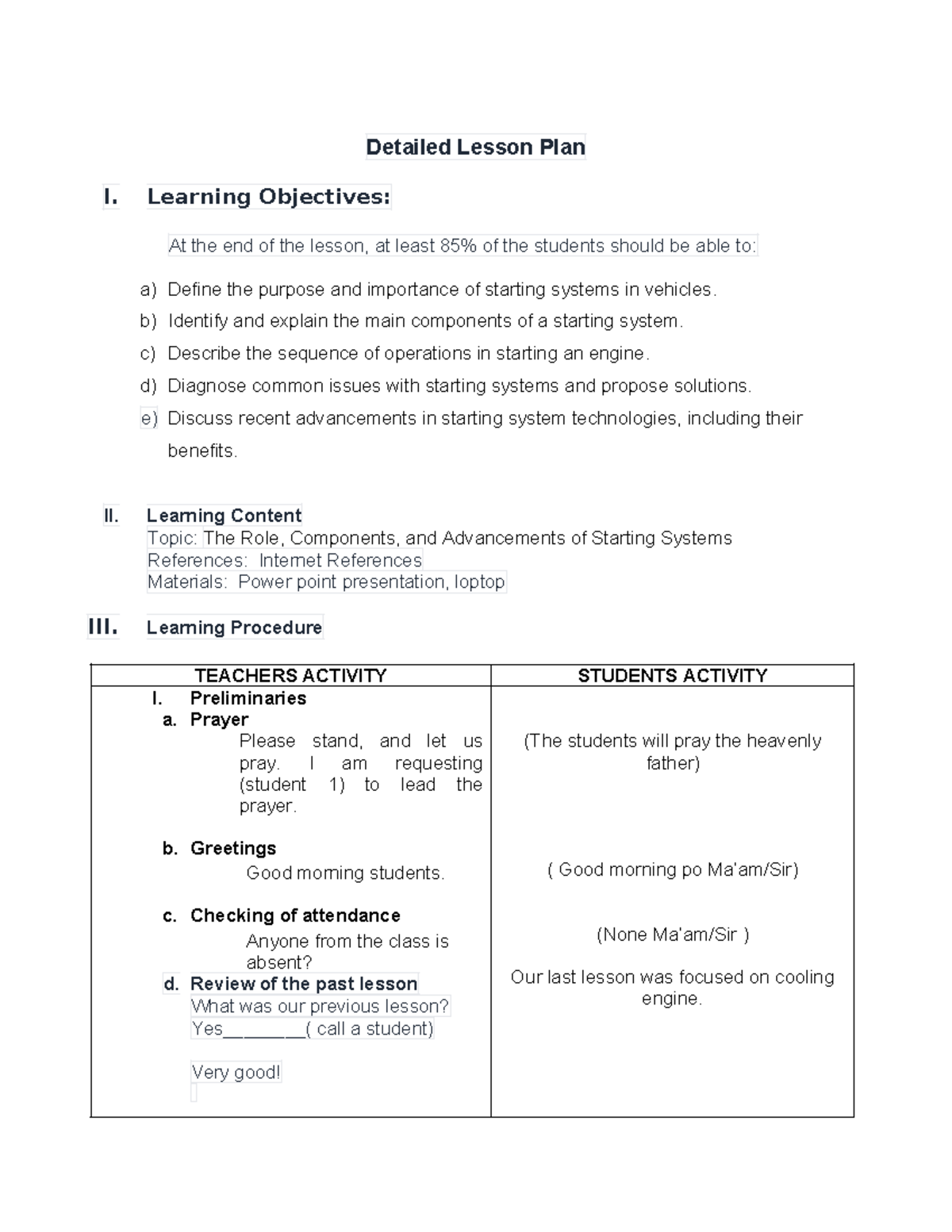 Detailed Lesson Plan starter systems - Detailed Lesson Plan I. Learning ...