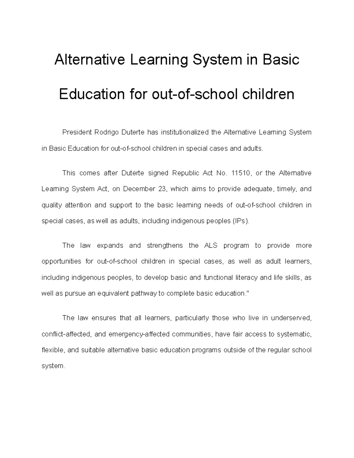 Alternative Learning System in Basic Education for out-of-school ...
