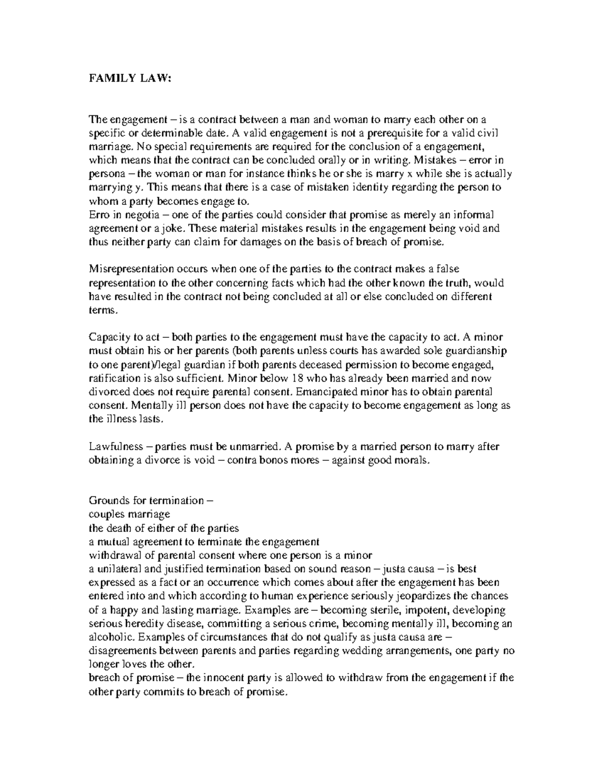 Family-law-notes - study notes - FAMILY LAW: The engagement – is a ...