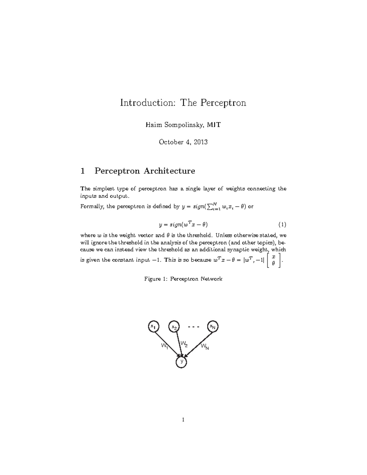 Perceptron notes - Introduction: The Perceptron Haim Sompolinsky, MIT ...