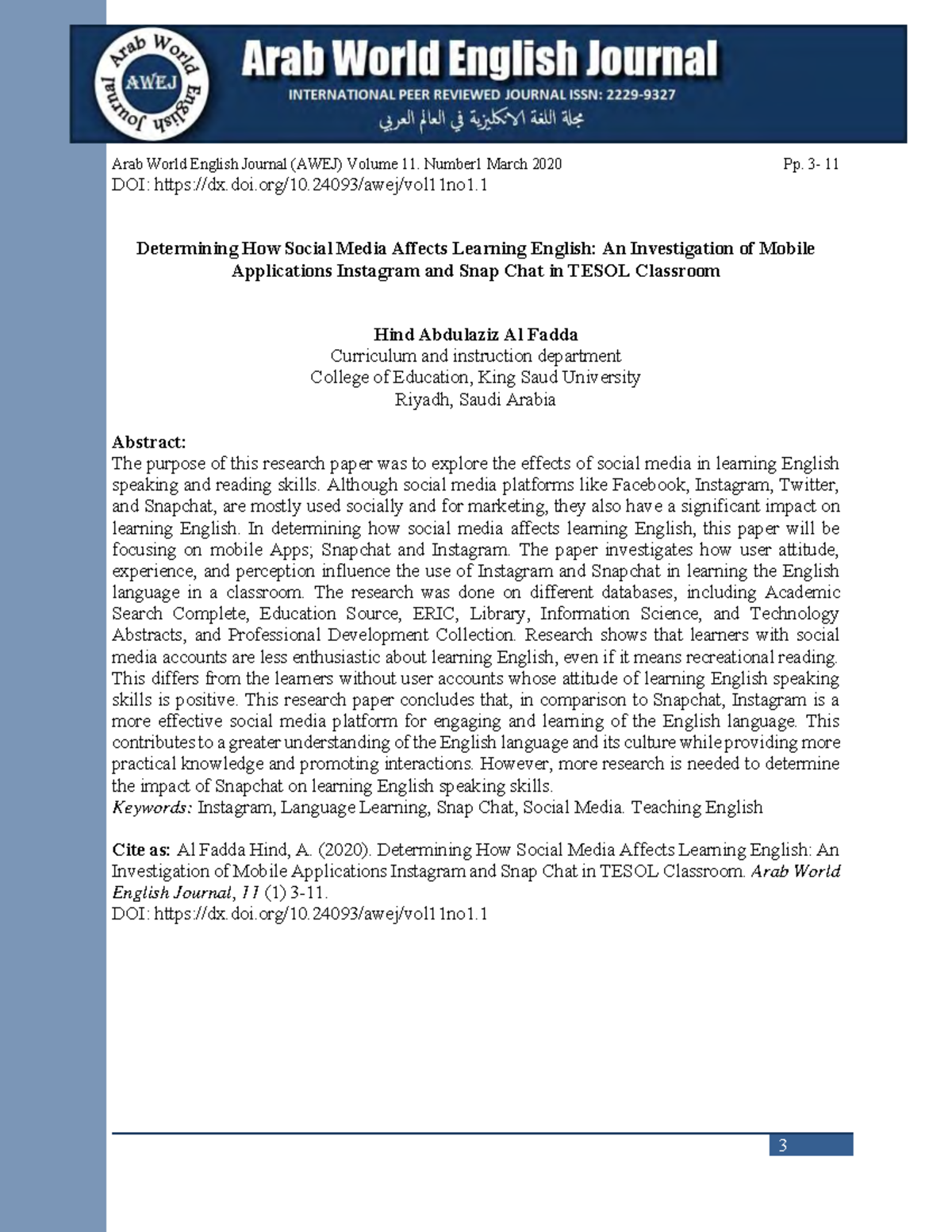 Research RRL - Thesis - 3 Arab World English Journal (AWEJ) Volume 11 ...