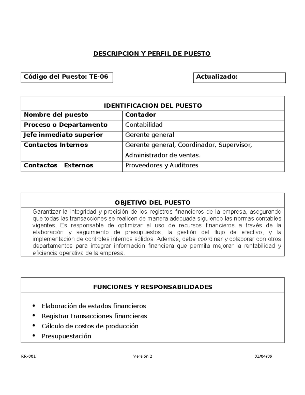 Descriptor de puestos (Contador y Coordinador) - DESCRIPCION Y PERFIL DE PUESTO Código del ...