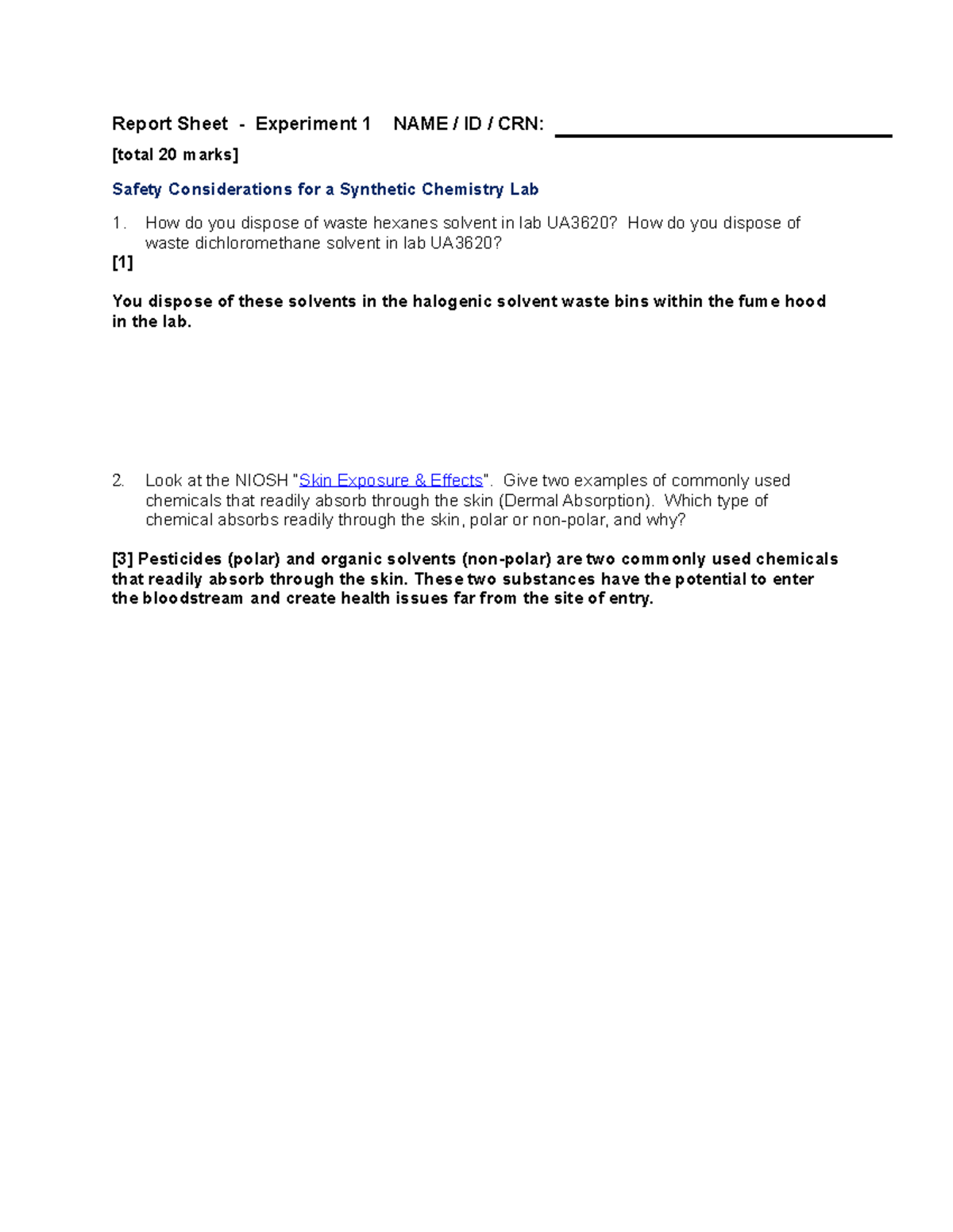Lab 1 Report - assignment - Report Sheet - Experiment 1 NAME / ID / CRN: [total 20 marks] Safety ...