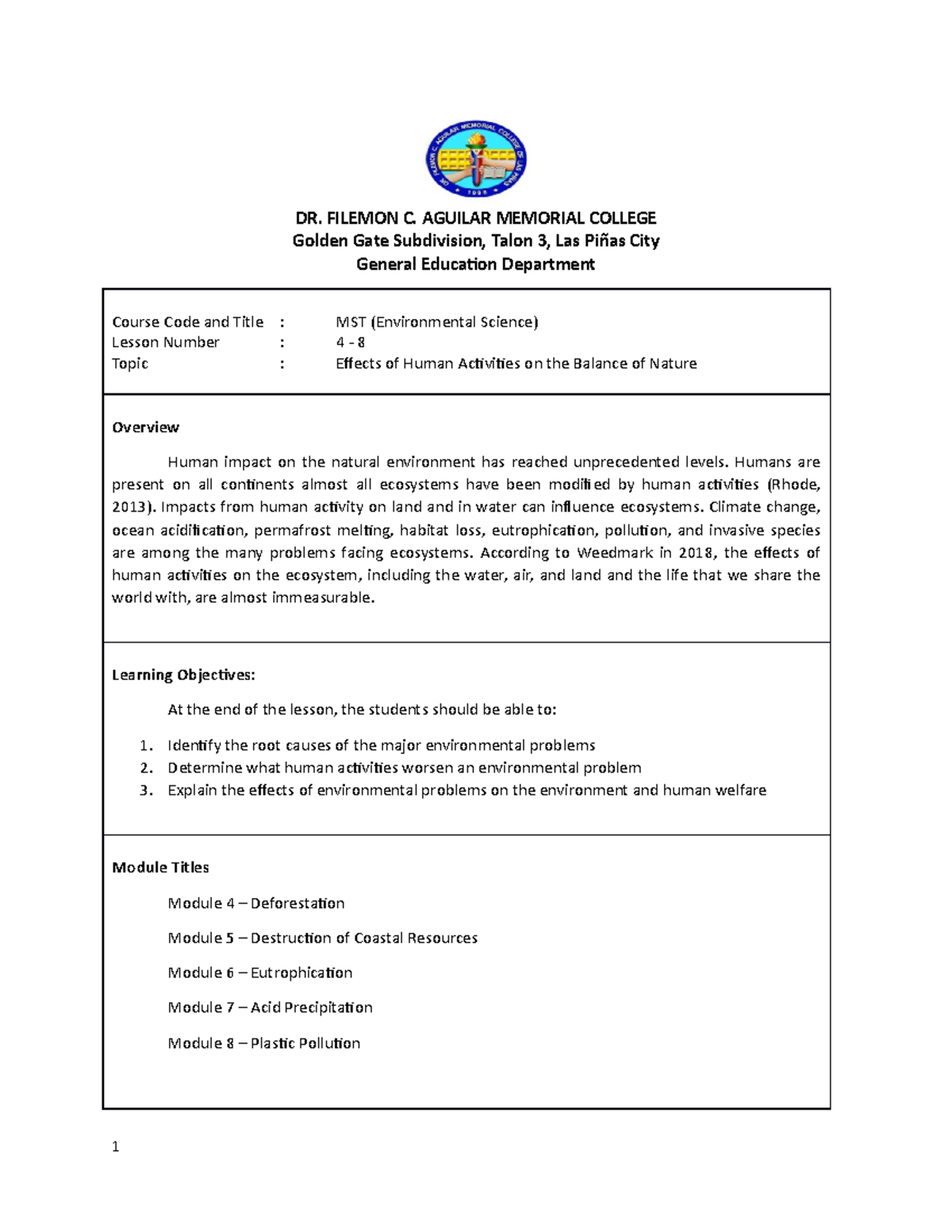 4Module in Environmental Science - DR. FILEMON C. AGUILAR MEMORIAL ...