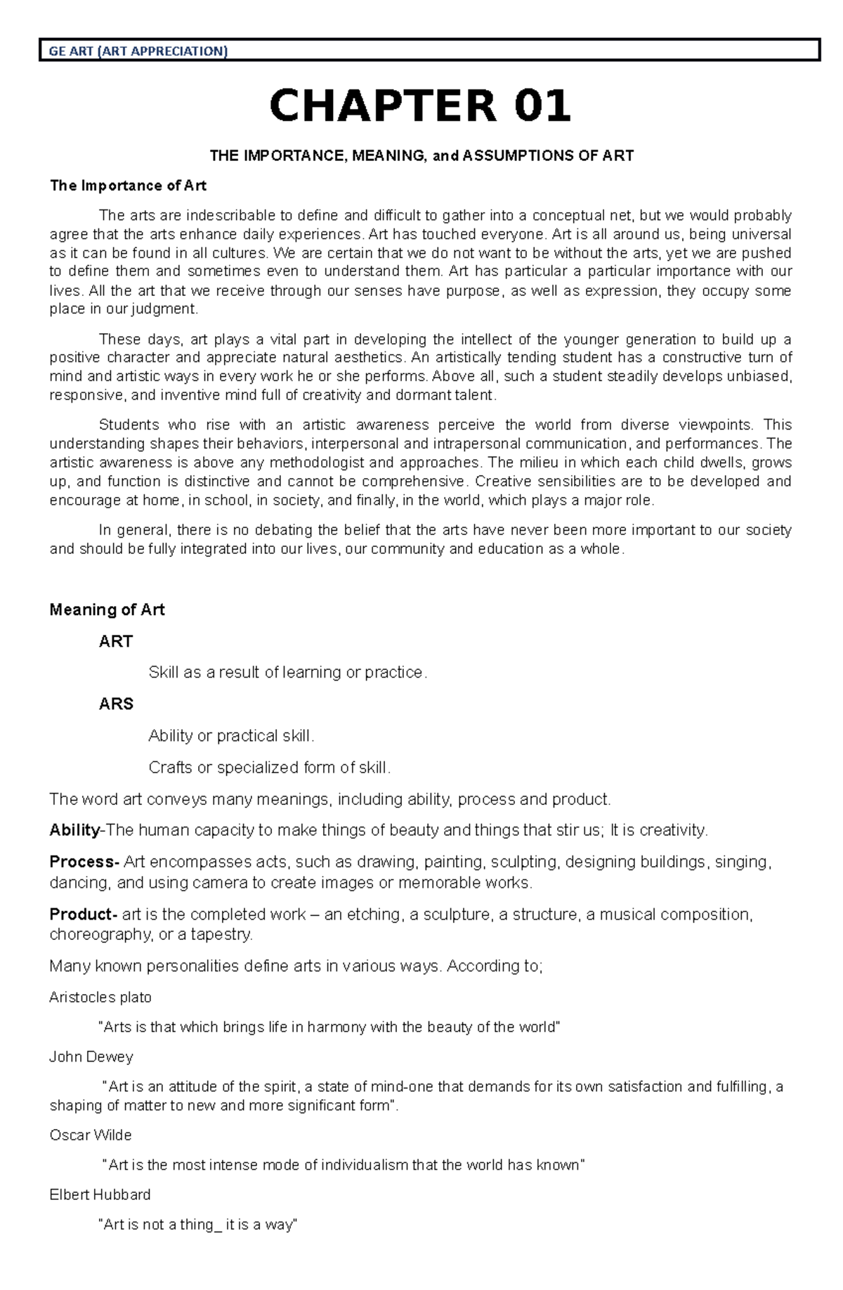 Arts-hand-out - Handouts for arts - CHAPTER 01 THE IMPORTANCE, MEANING ...