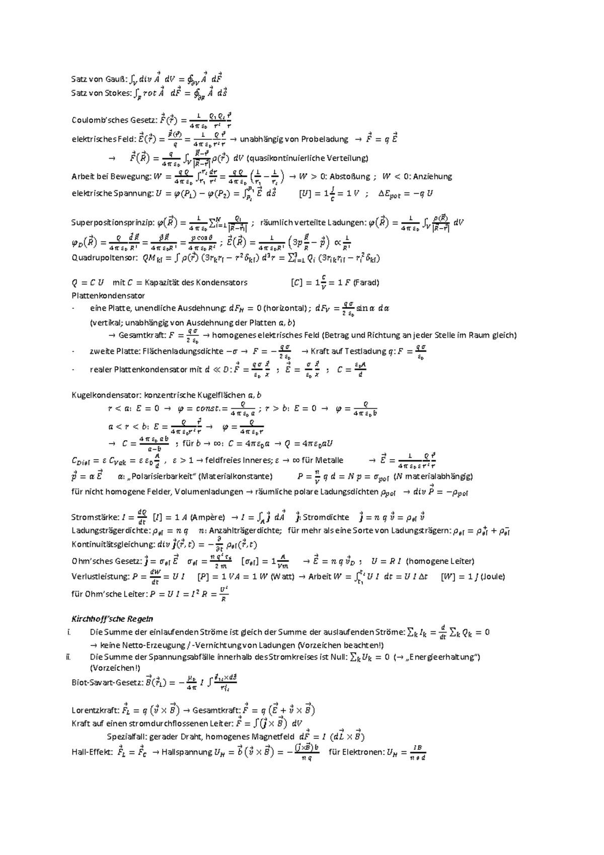 Physik II Formelsammlung - Satz von Satz von Stokes: Gesetz ...