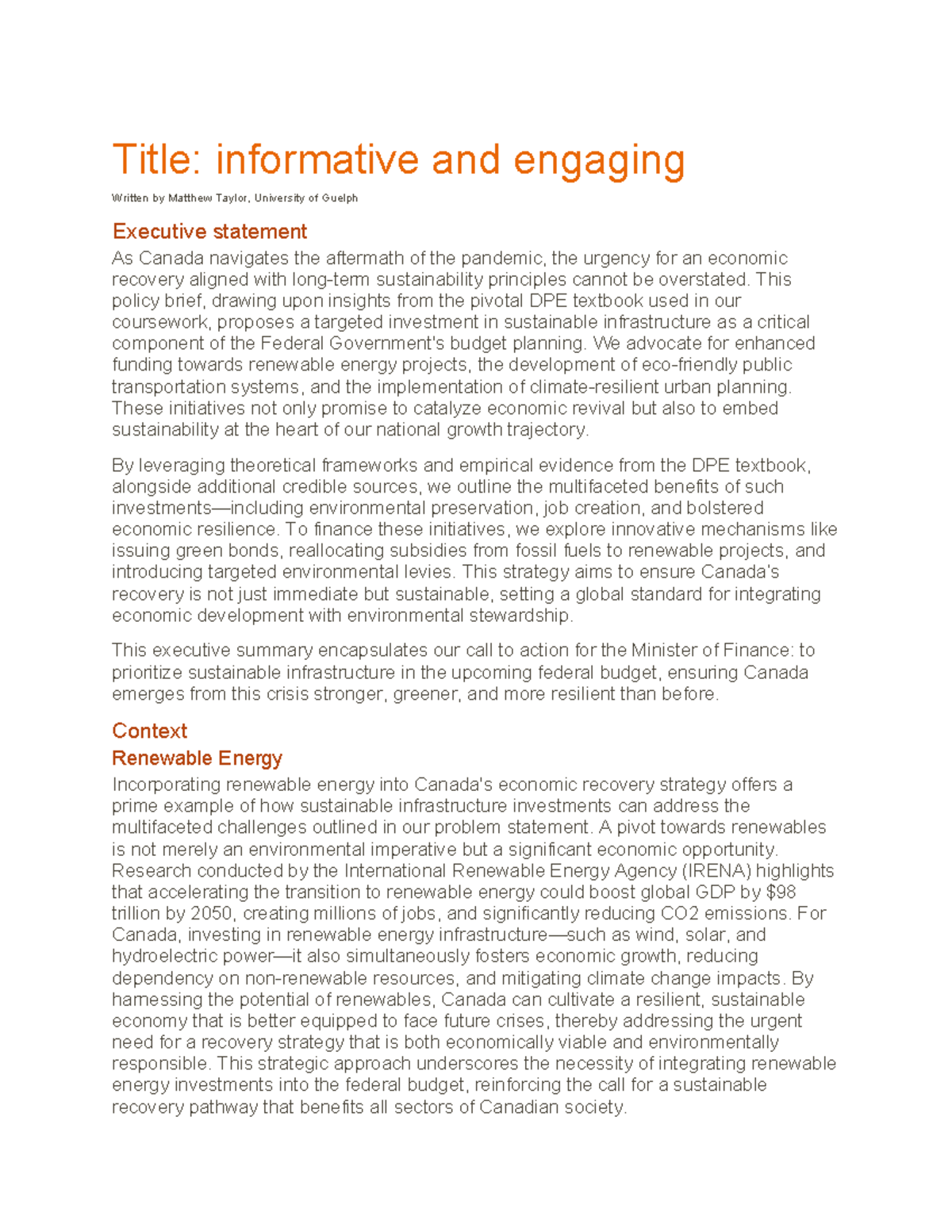 Econ 1100 Policy Brief - Title: informative and engaging Written by ...