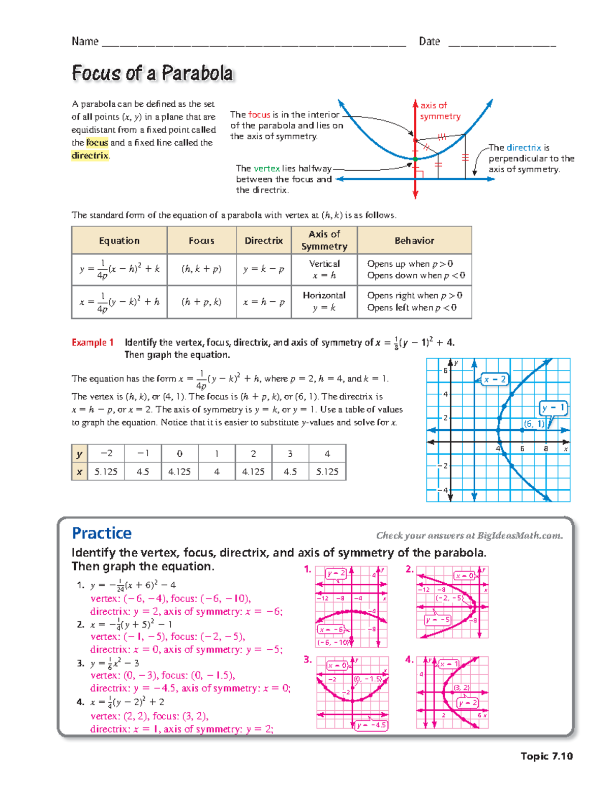Parabola - Copyright © Big Ideas Learning, LLC Topic 7. Name - Studocu