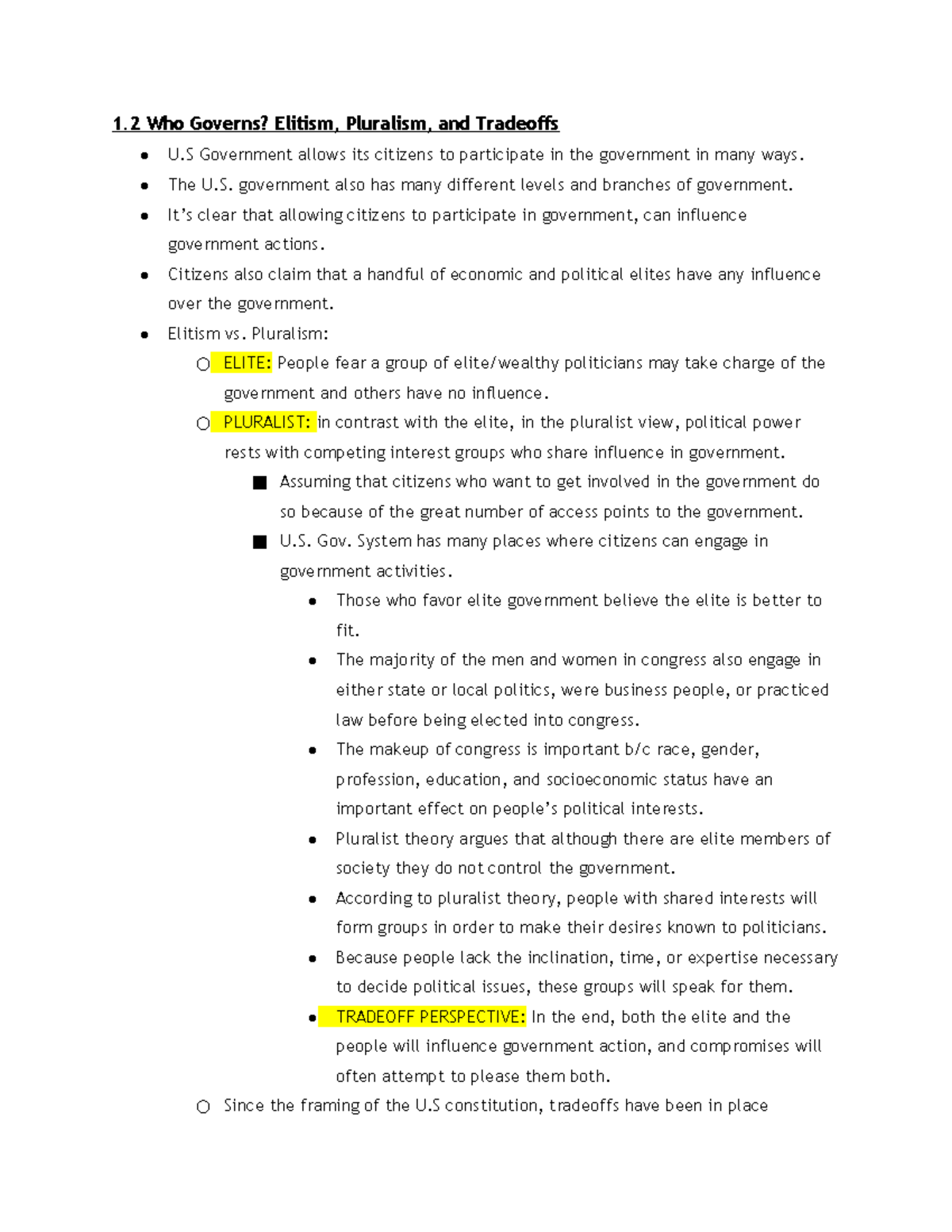 American Government 1.2 - 1.3 - 1 Who Governs? Elitism, Pluralism, and ...