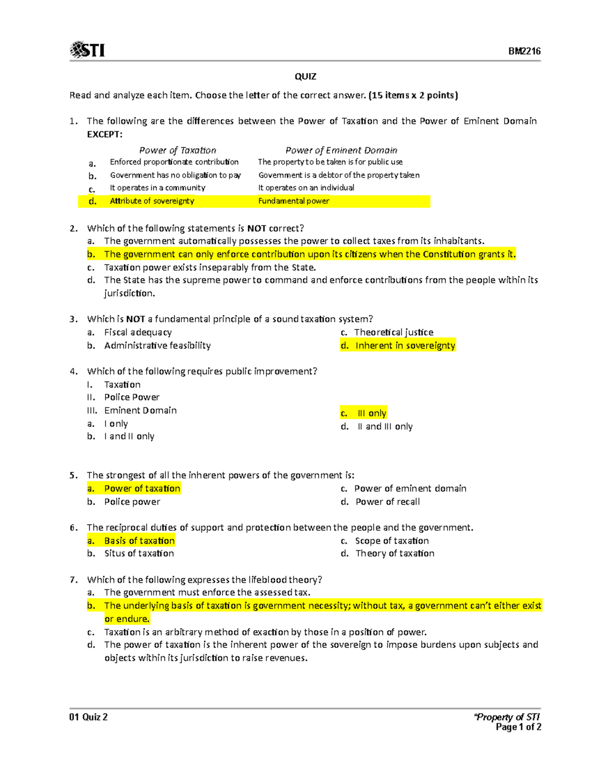 01 Quiz 2 income taxation - BM 01 Quiz 2 *Property of STI Page 1 of 2 ...