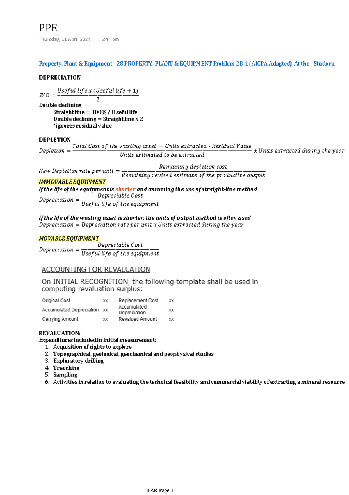 PPE - Notes in PPE which are summarized and with formulas. - Property ...