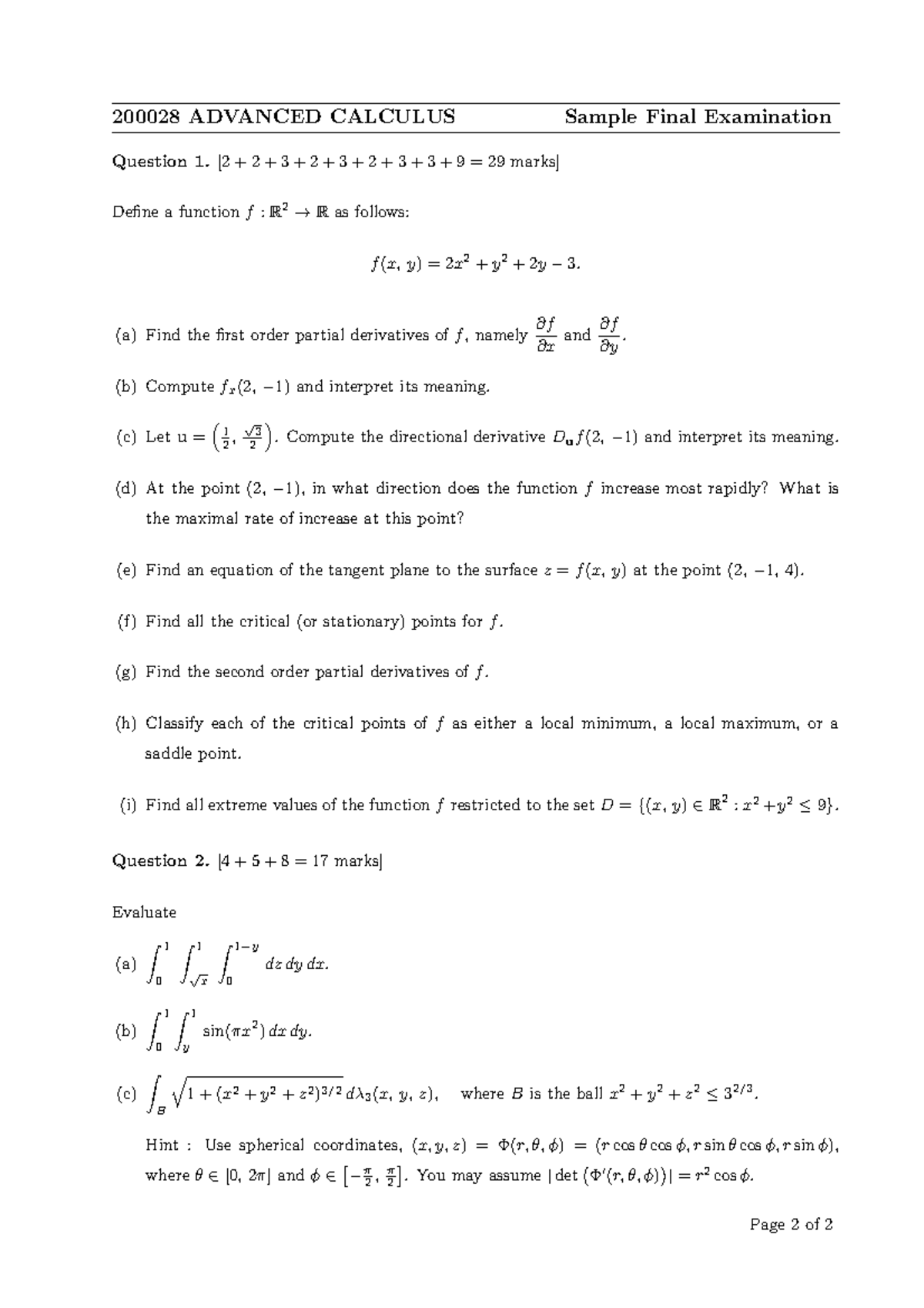 AC 2020 Final Exam - 200028 ADVANCED CALCULUS Sample Final Examination ...