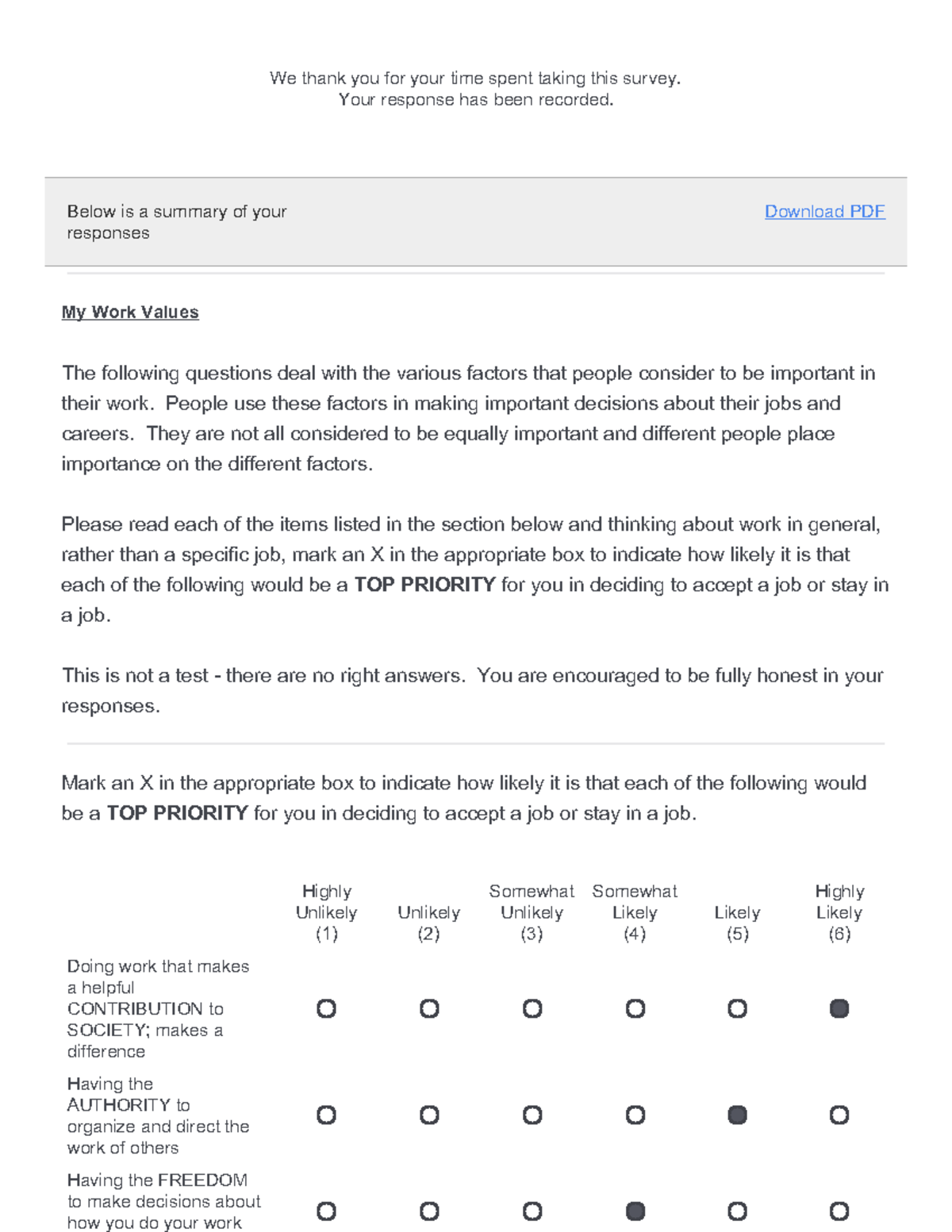 Career Anchors My Work Values Survey U2 - Below is a summary of your ...