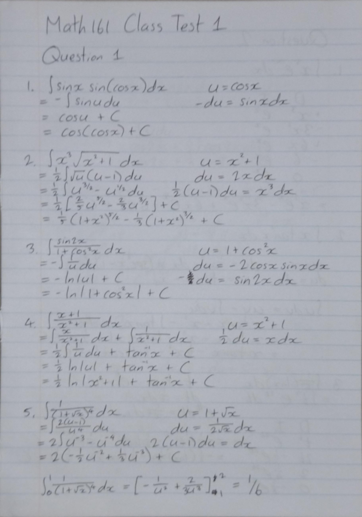 Math161 Class Test 1 Solutions - Math 161 Class Test 1 Question 1 1 ...