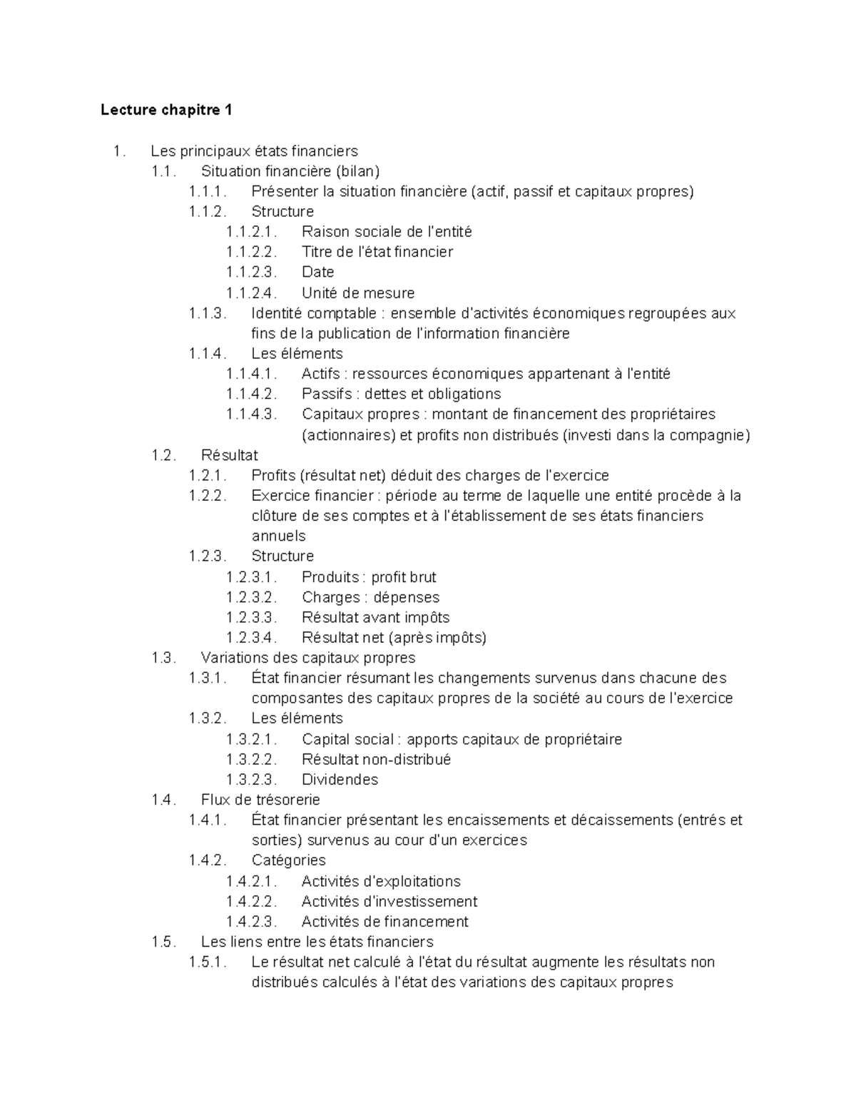 Notes de lecture - Lecture chapitre 1 Les principaux états financiers ...