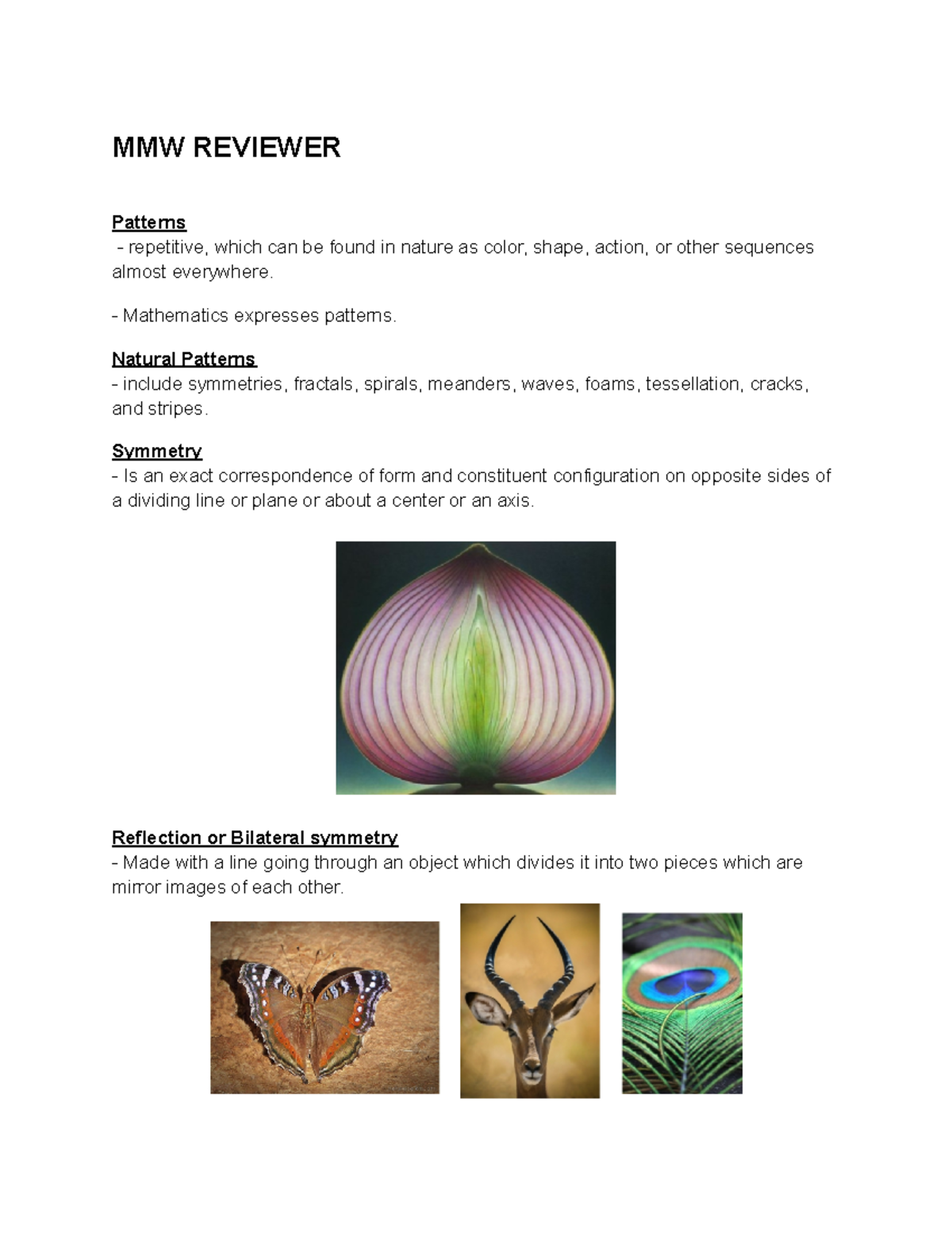MMW first semester - MMW REVIEWER Patterns - repetitive, which can be found in nature as color ...
