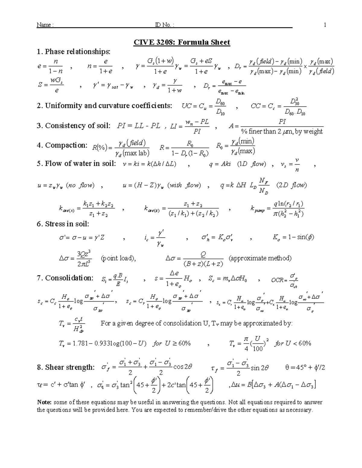 CIVE 3208 - Formula sheet - Name : ID No. : 1 CIVE 3208: Formula Sheet ...