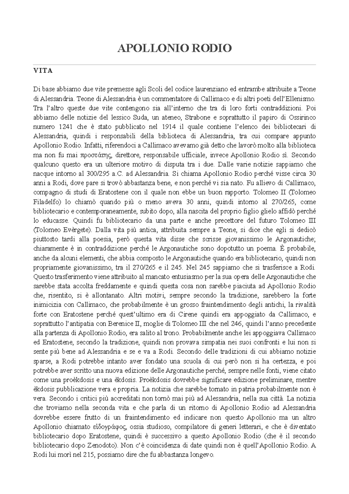 Apollonio Rodio - APOLLONIO RODIO V I TA Di base abbiamo due vite ...