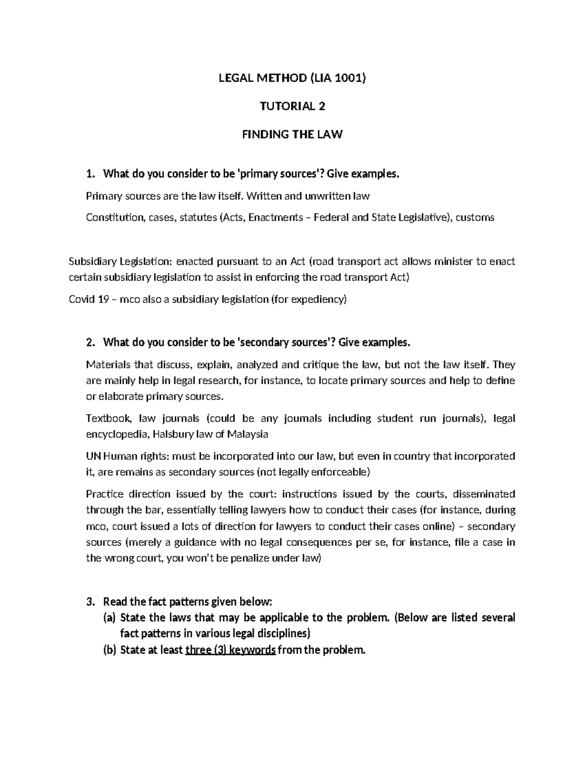 Copy of Tutorial 2 Sources for legal research (updated 2021) - LEGAL METHOD (LIA 1001) TUTORIAL ...