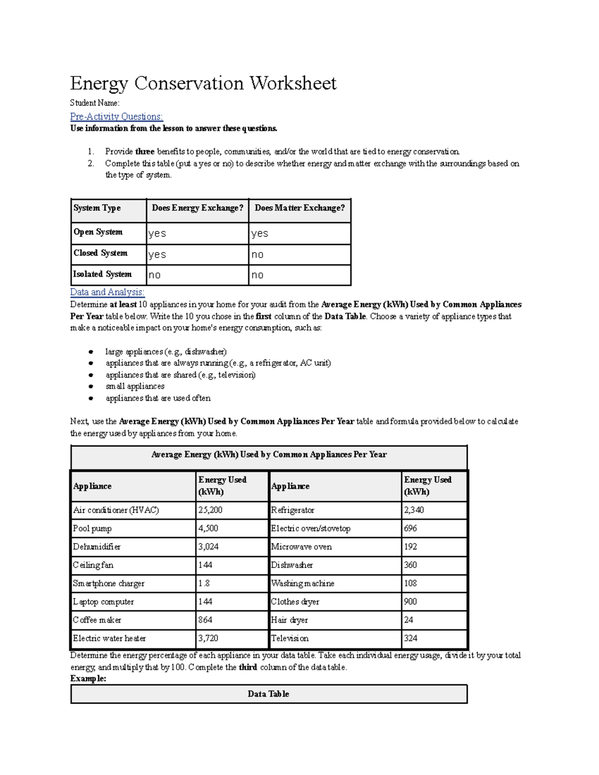 Energy Conservation Worksheet - Energy Conservation Worksheet Student ...