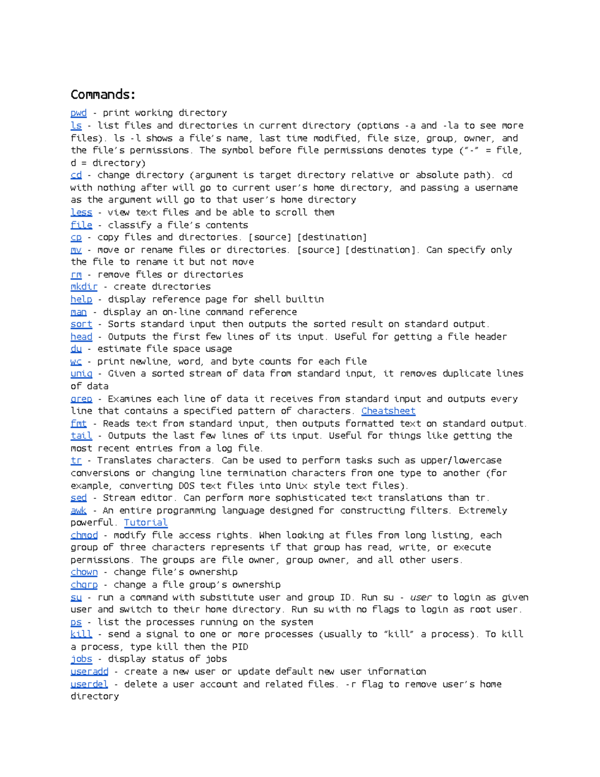 Linux shell reference doc - Commands: pwd - print working directory ls ...