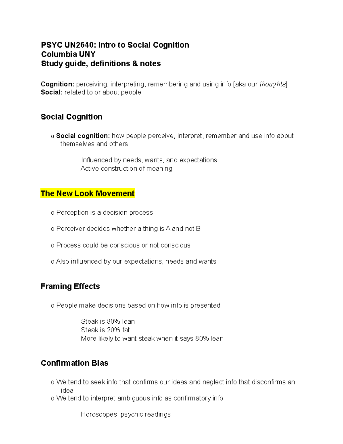PSYC UN2640: Intro to Social Cognition Columbia UNY Study guide - PSYC ...