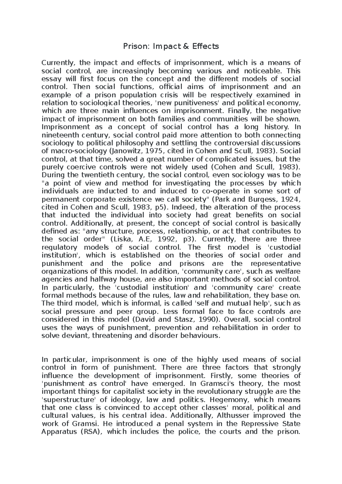 Prison effects - Grade: a - Prison: Impact & Effects Currently, the ...