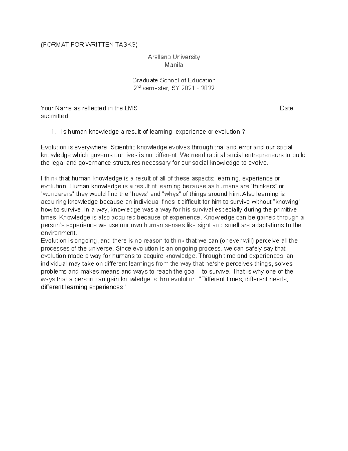 Written-TASK Philospohy - (FORMAT FOR WRITTEN TASKS) Arellano ...