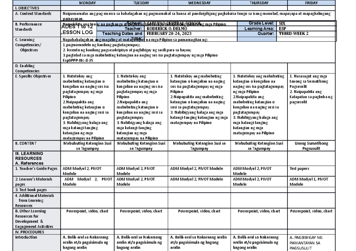 ESP-WEEK-2Q3 - daily lesson plan esp - GRADES 1 to 12 DAILY LESSON LOG ...