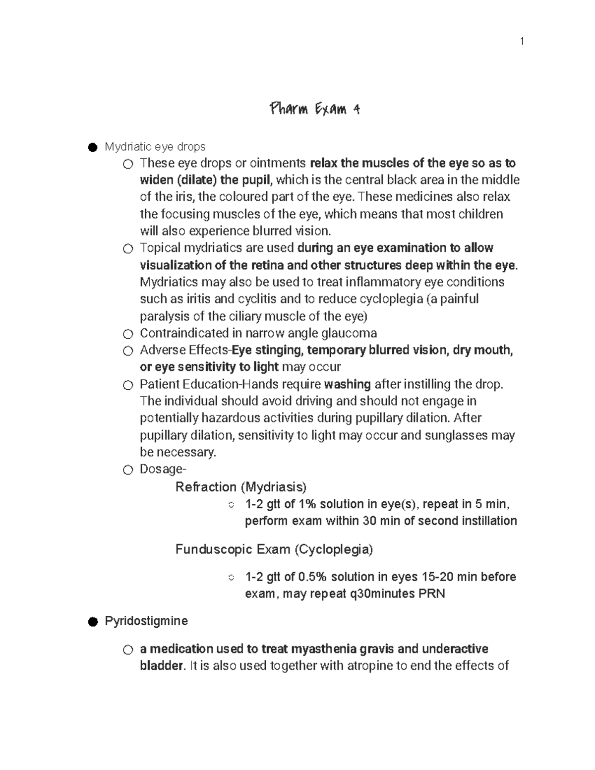 Pharm Exam 4 Blueprint - Fundamentals - Pharm Exam 4 Mydriatic eye ...