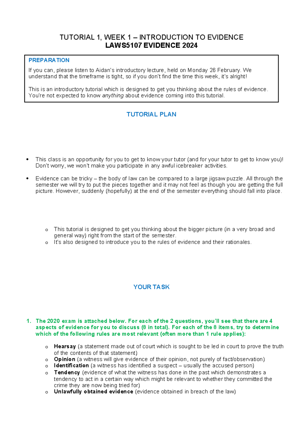 LAWS5107 Tutorial 1 – 2024 - TUTORIAL 1, WEEK 1 – INTRODUCTION TO ...
