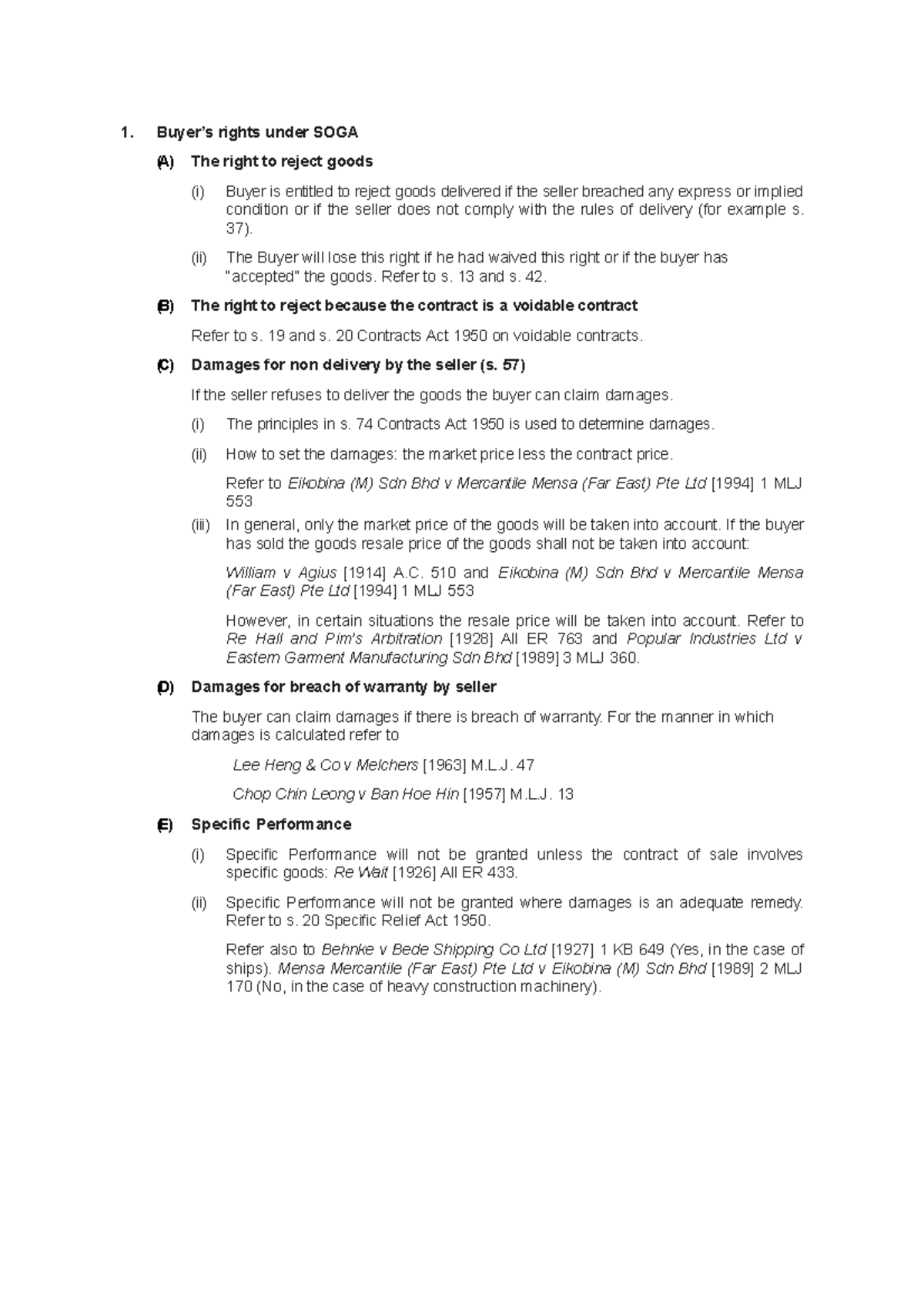 SOGA 9 - Buyer rights under SOGA - Buyer’s rights under SOGA (A) The right to reject goods (i ...