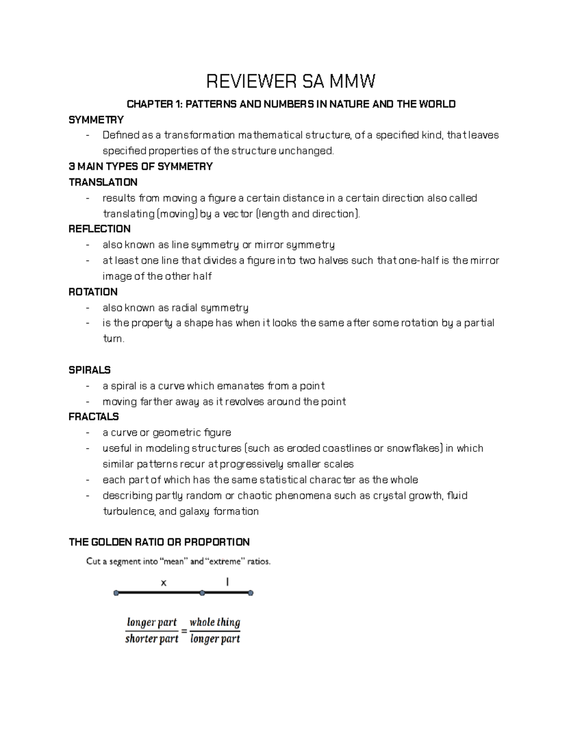 Reviewers 2nd sem - REVIEWER SA MMW CHAPTER 1: PATTERNS AND NUMBERS IN NATURE AND THE WORLD ...