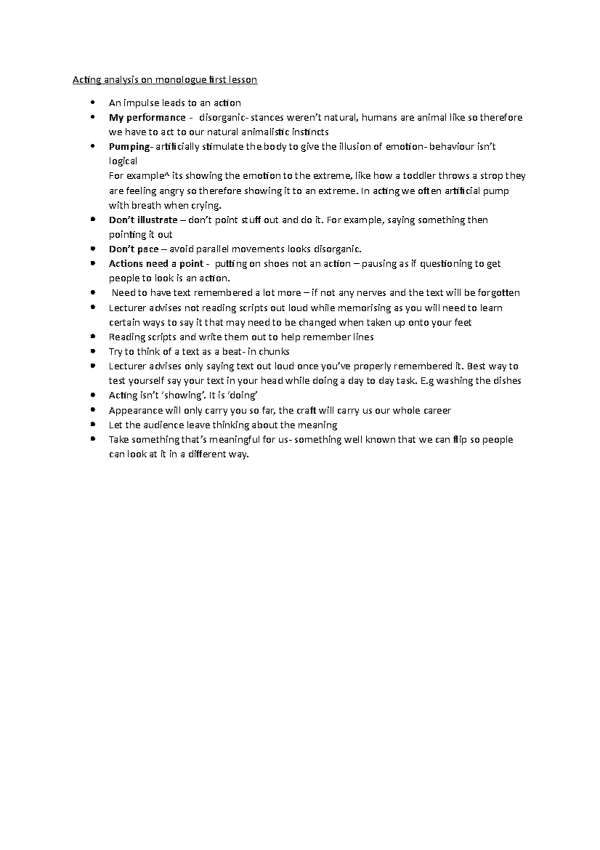 Acting analysis on monologue first lesson - In acting we often ...