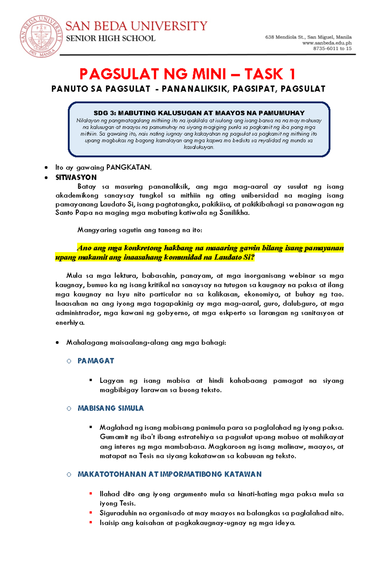 Panuto SA Pagsulat NG MINI-TASK 1 T A 2023-2024 - PAGSULAT NG MINI – TASK 1 PANUTO SA PAGSULAT ...