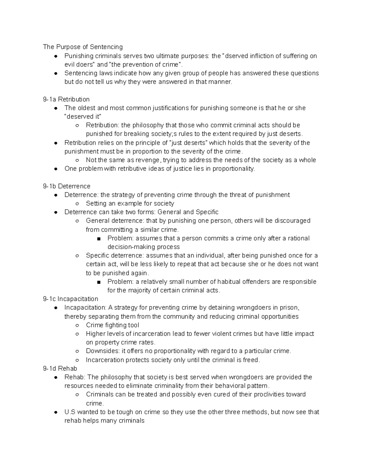 Chapter 9 CRJU Notes - The Purpose of Sentencing Punishing criminals ...