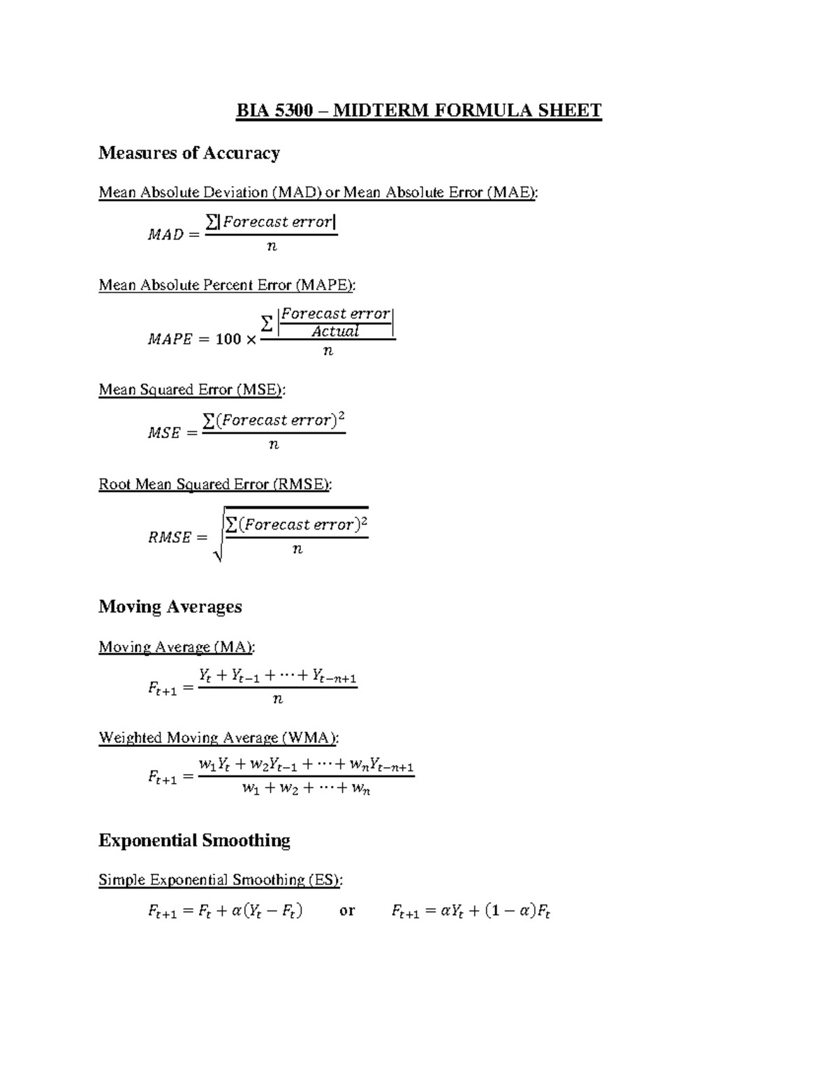 BIA5300Midterm Formulas - BIA 5300 – MIDTERM FORMULA SHEET Measures of ...