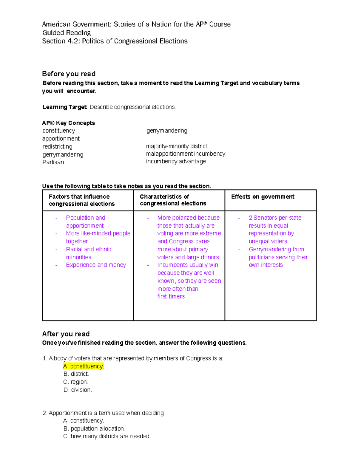 Congress Reading Guide 4.2 - American Government: Stories of a Nation ...