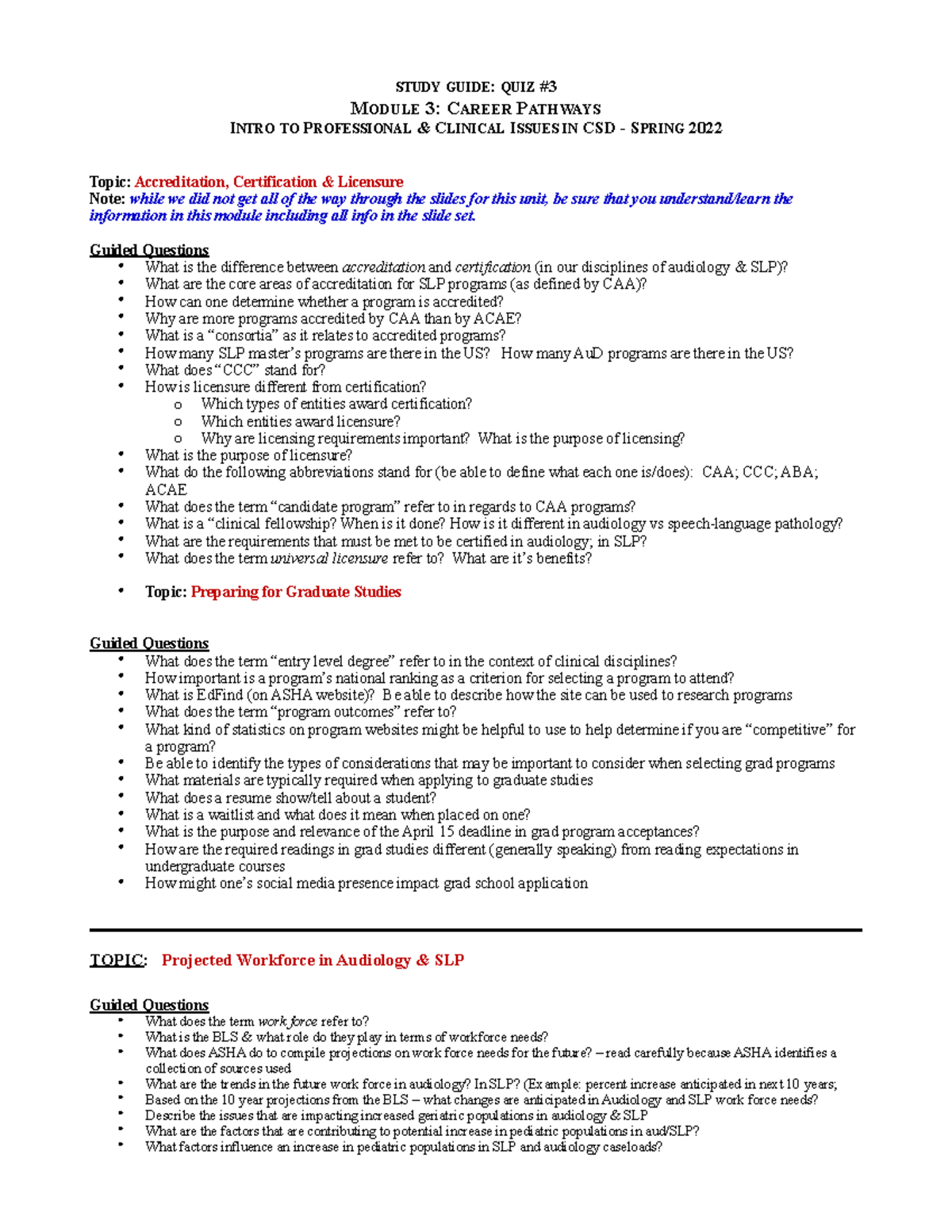Study Guide Quiz 3 Spr22 032322 - STUDY GUIDE: QUIZ MODULE 3: CAREER ...