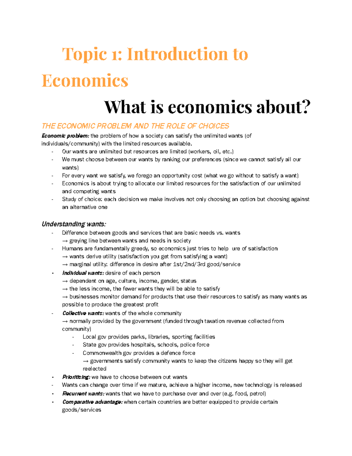 Prelim Eco Topic 1 Notes - Topic 1: Introduction to Economics What is ...
