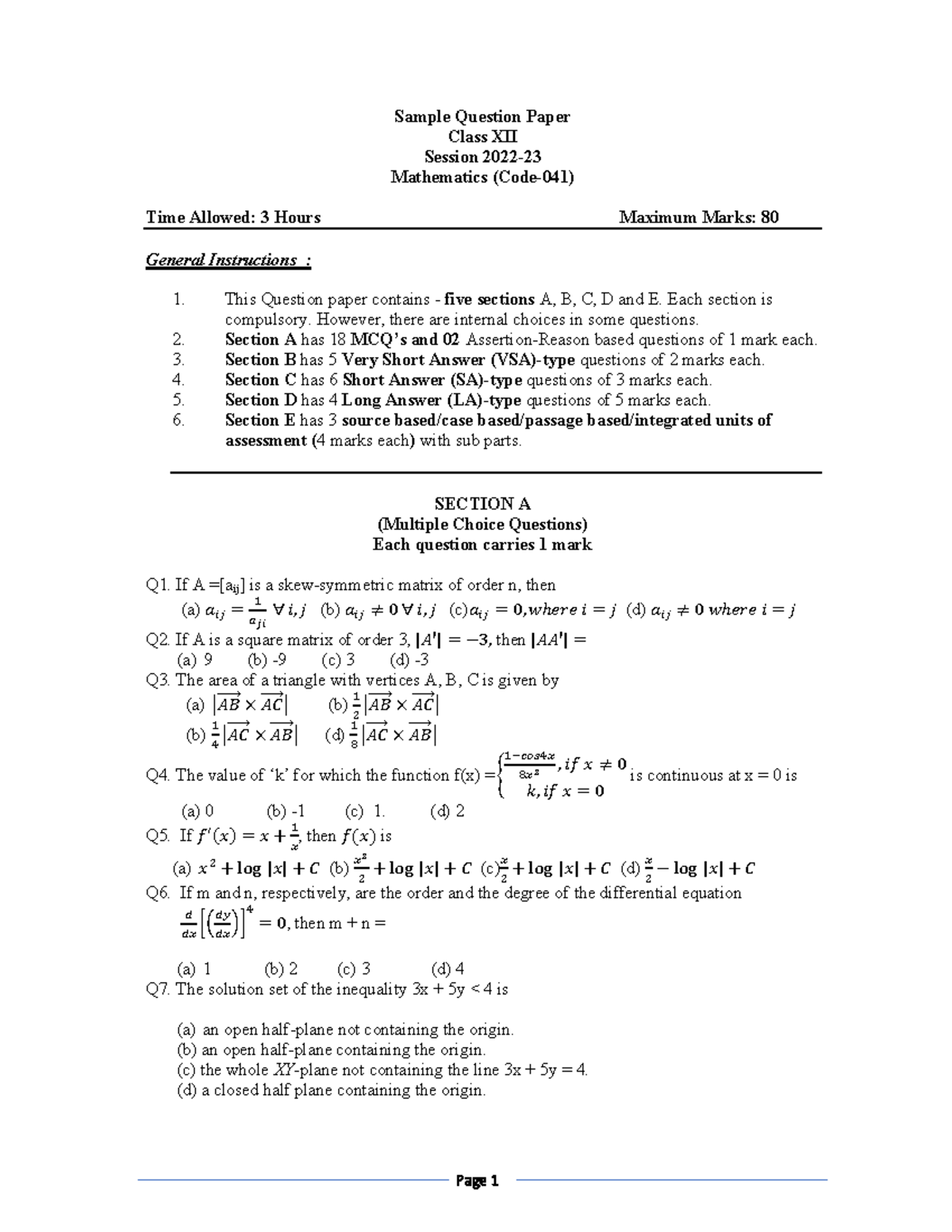 Maths-SQP - xyz - Sample Question Paper Class XII Session 2022- Mathematics (Code-041) Time ...