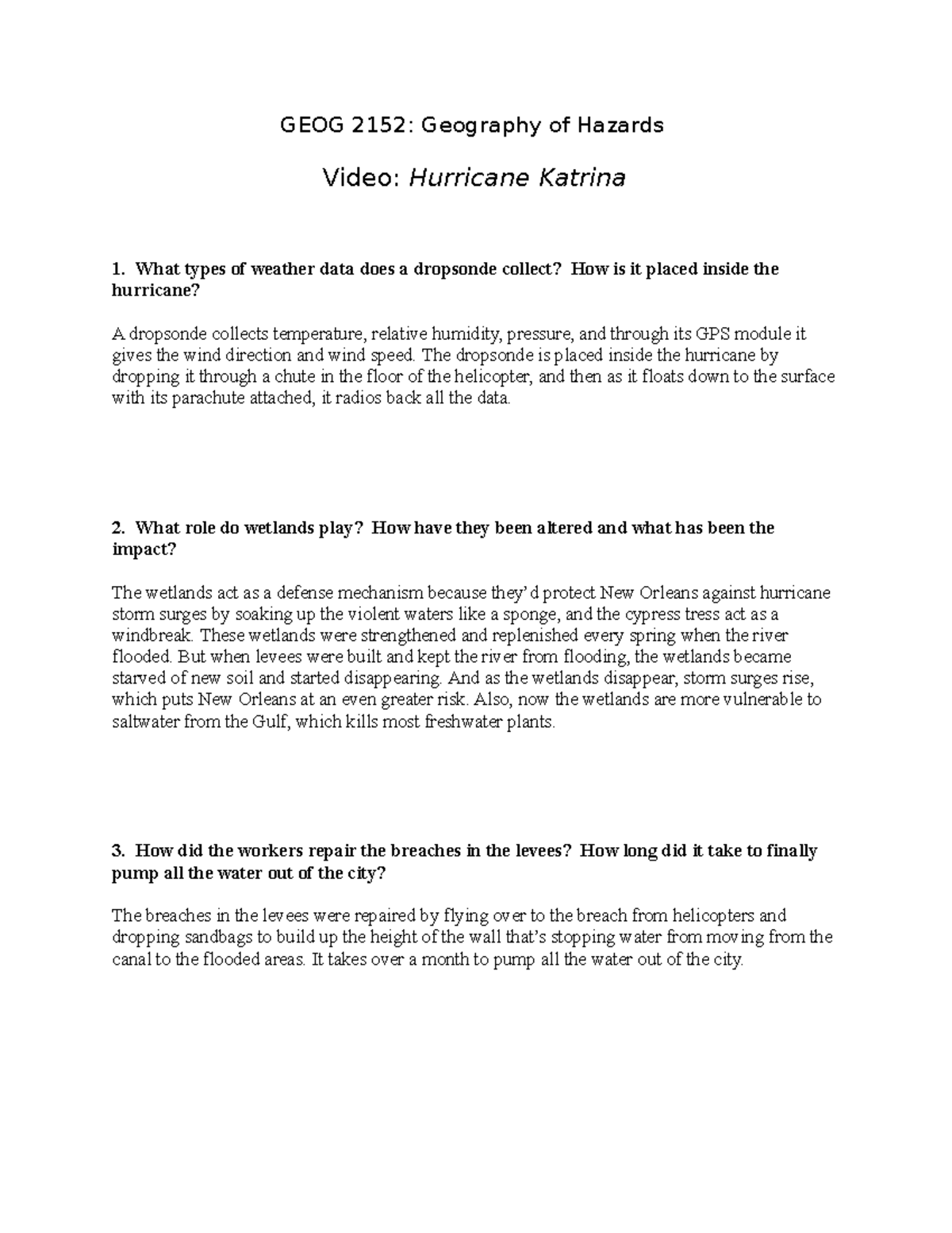 Video Questions - Hurricane Katrina - GEOG 2152: Geography of Hazards ...