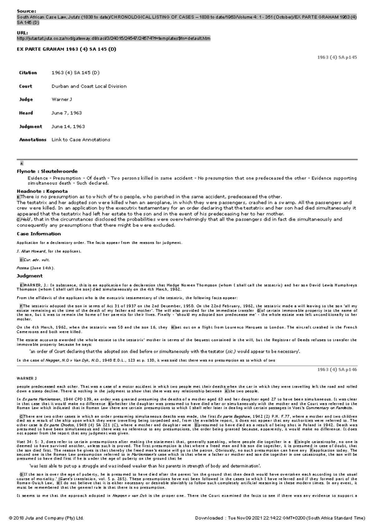 EX Parte Graham 1963 (4) SA 145 (D) cases about presumption of death ...