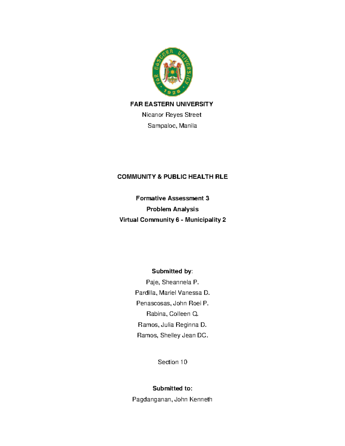 CPH Group 6 FA3 - FAR EASTERN UNIVERSITY Nicanor Reyes Street Sampaloc, Manila COMMUNITY & - Studocu