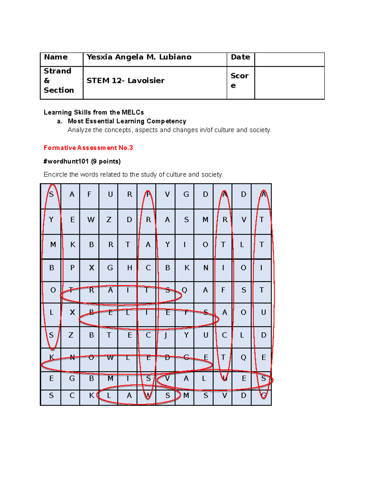 UCSP-1Q-FA#3-WK 3 - hjh - Name Yesxia Angela M. Lubiano Date Strand & Section STEM 12- Lavoisier ...