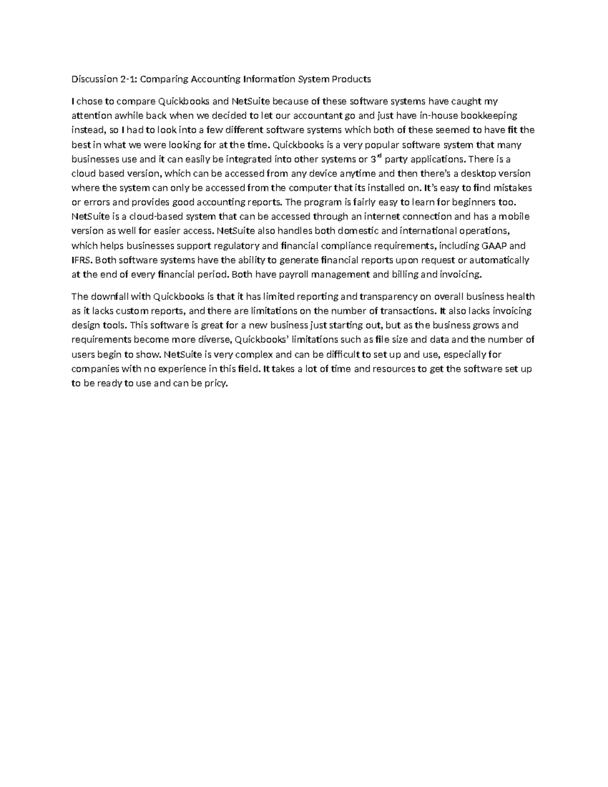ACC315 Discussion 2-1 - Discussion 2-1: Comparing Accounting ...