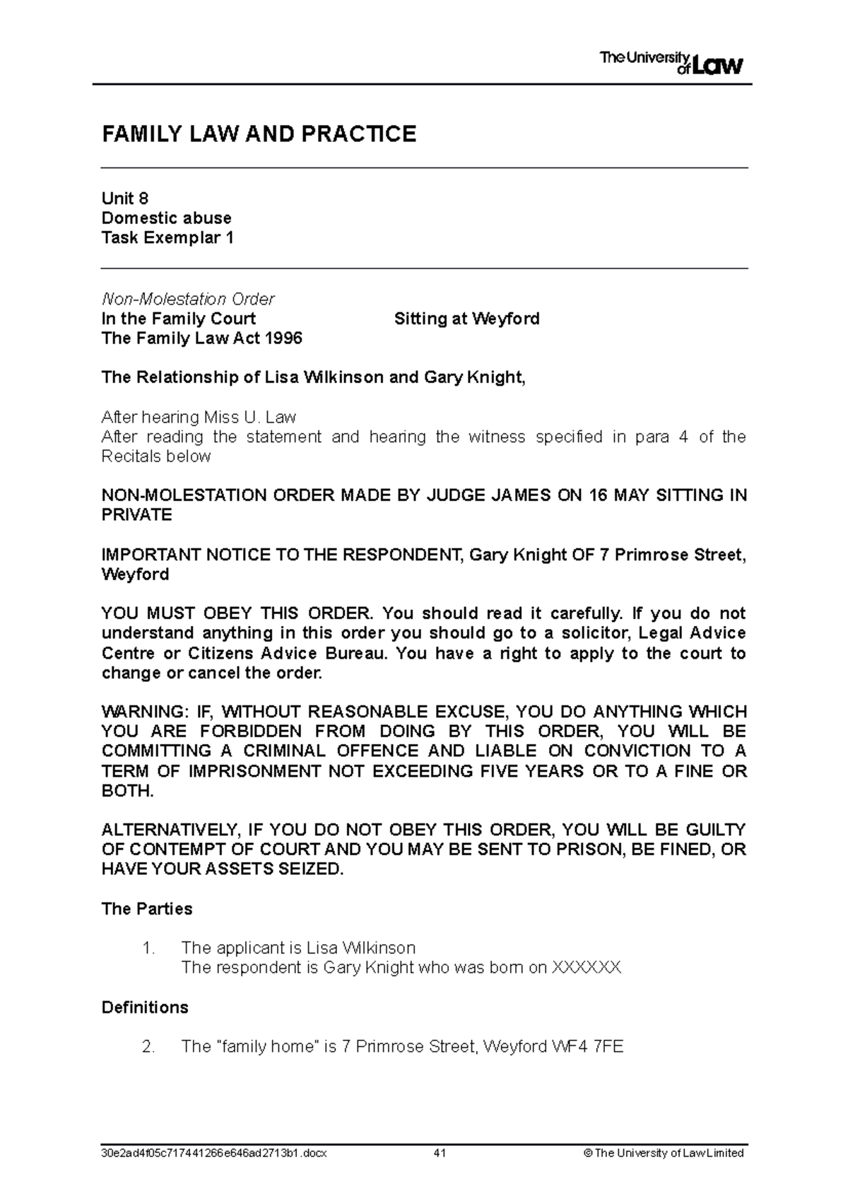 Family - WS8 - Task Exemplar 1 - FAMILY LAW AND PRACTICE Unit 8 ...